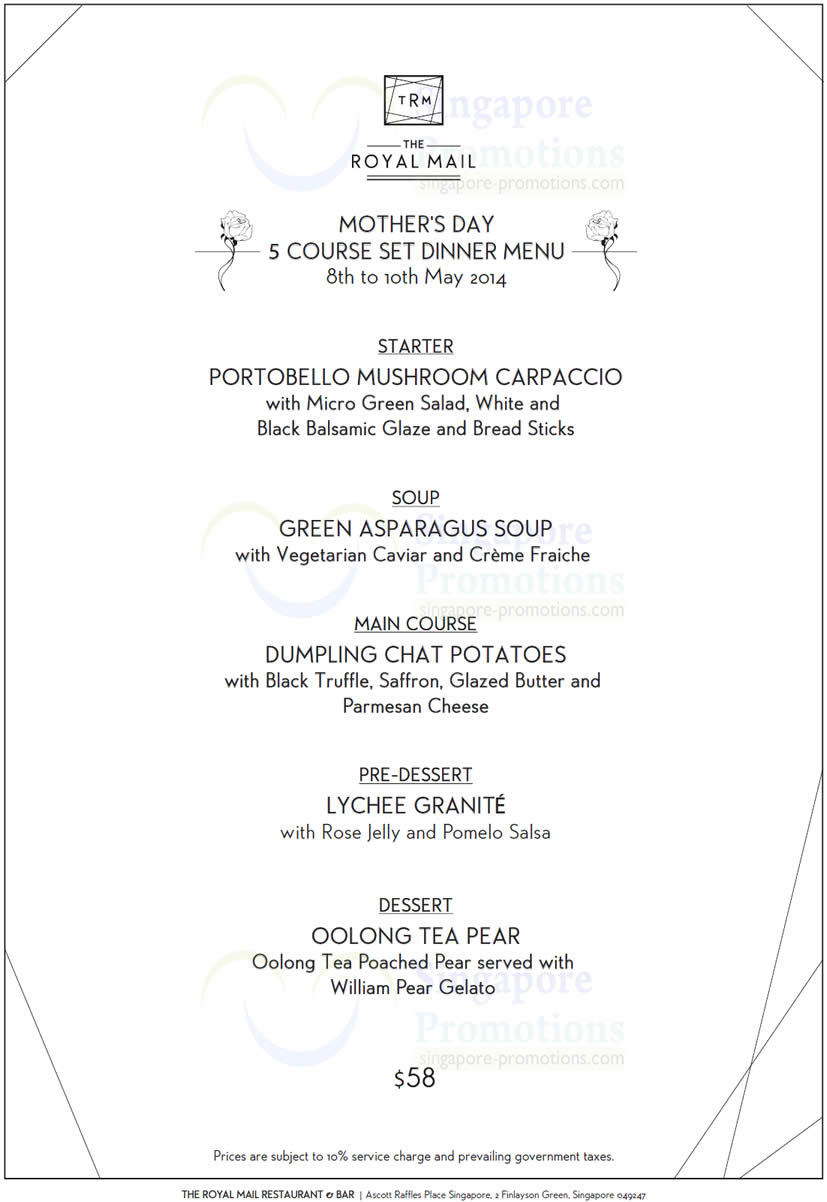 5 Course Set Dinner Menu The Royal Mail Mother s Day Set Dinner Menus 5 Course Set Dinner Menu The Royal Mail Mother s Day Set Dinner Menus